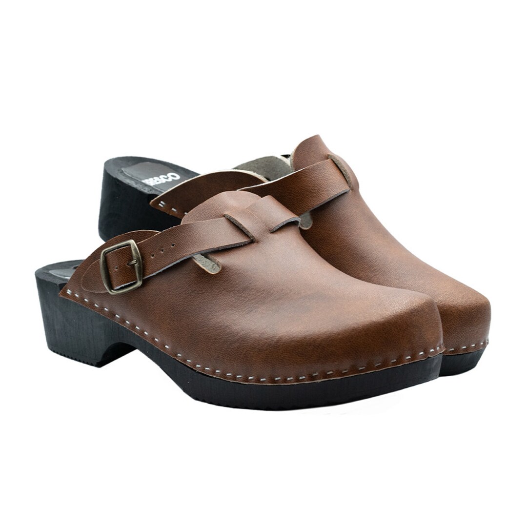 Swedish Brown Wooden Clogs With Buckle From Brown Real Leather and ...