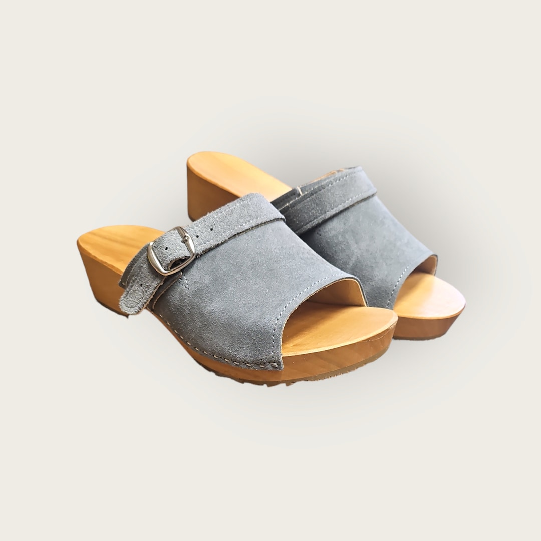 Swedish Wooden Clogs Women With Open Toe Mules From Real Suede Leather ...