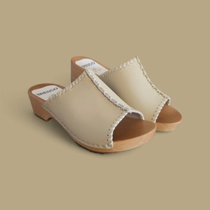 Handmade Beige Leather Clogs: Open Toe Swedish Wooden Slippers - Etsy