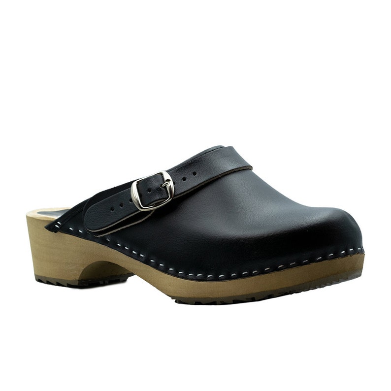 Black Swedish Wooden Clogs Low Heel With Closed Toe With Buckle From ...