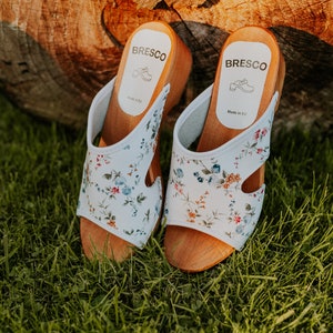 Wooden Clogs With Open Toe Made of Natural Leather in Flowers White and ...