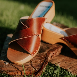 Wooden Clogs With Open Toe Made of Natural Leather in Antic Brown and ...