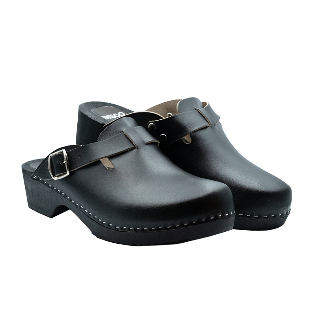 Swedish Black Wooden Clogs With Buckle From Black Real Leather and ...