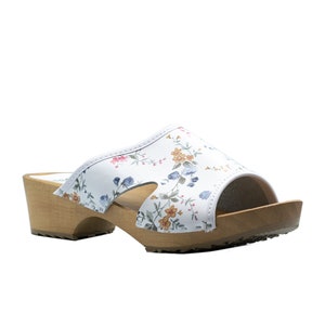 Wooden Clogs With Open Toe Made of Natural Leather in Flowers White and ...