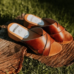 Wooden Clogs With Open Toe Made of Natural Leather in Antic Brown and ...