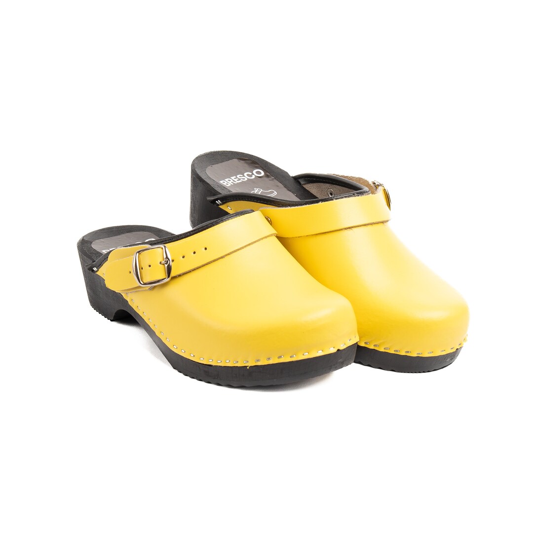 Swedish Wooden Clogs With Open Toe With Buckle From Yellow Real Leather ...