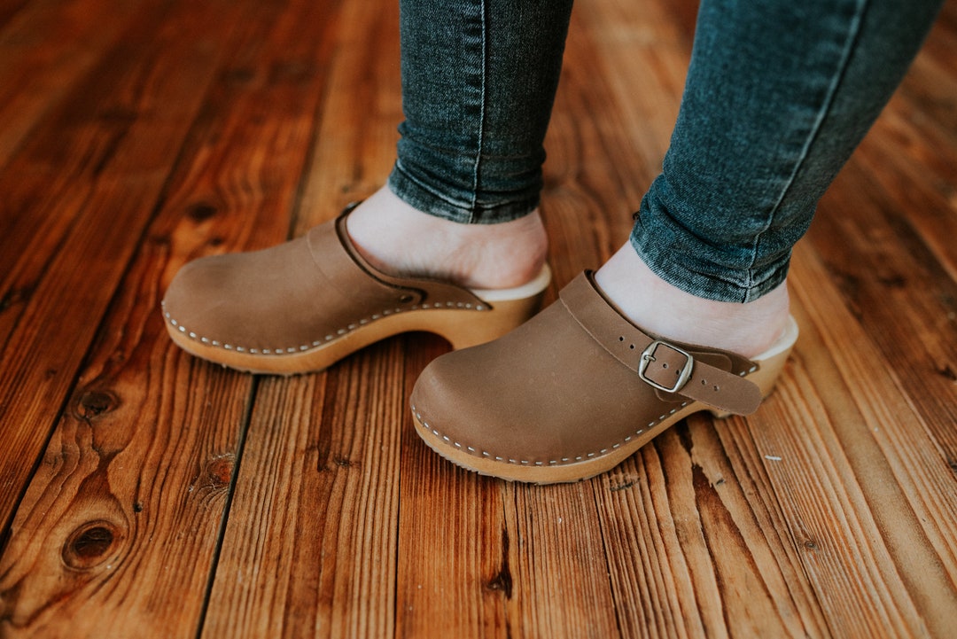 Swedish Wooden Clogs Closed Toe With Buckle From Brown Nubuck Real ...