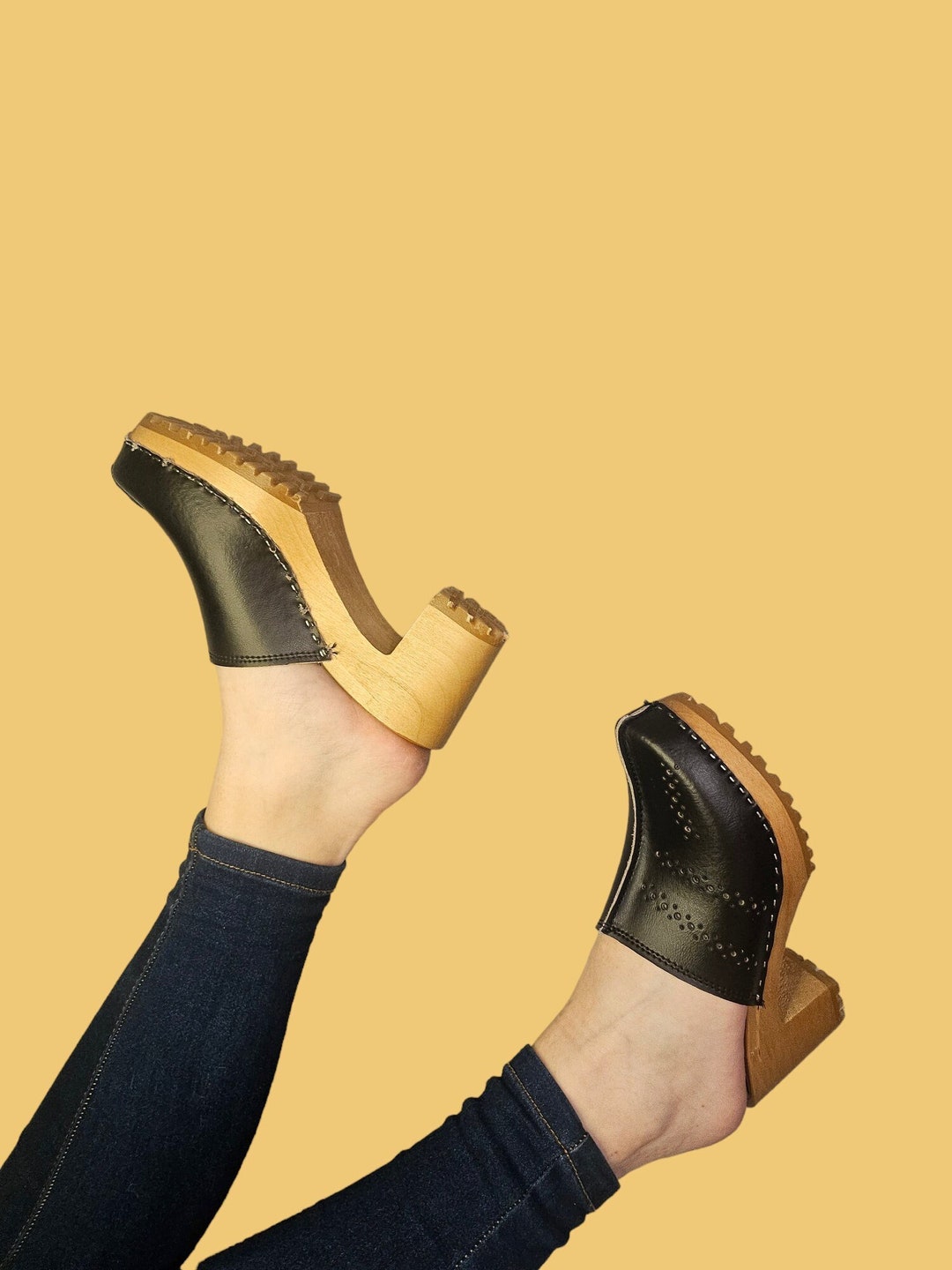 Black Swedish High Heel Wooden Clogs for Women in Black Leather With ...