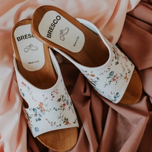 Wooden Clogs With Open Toe Made of Natural Leather in Flowers White and ...