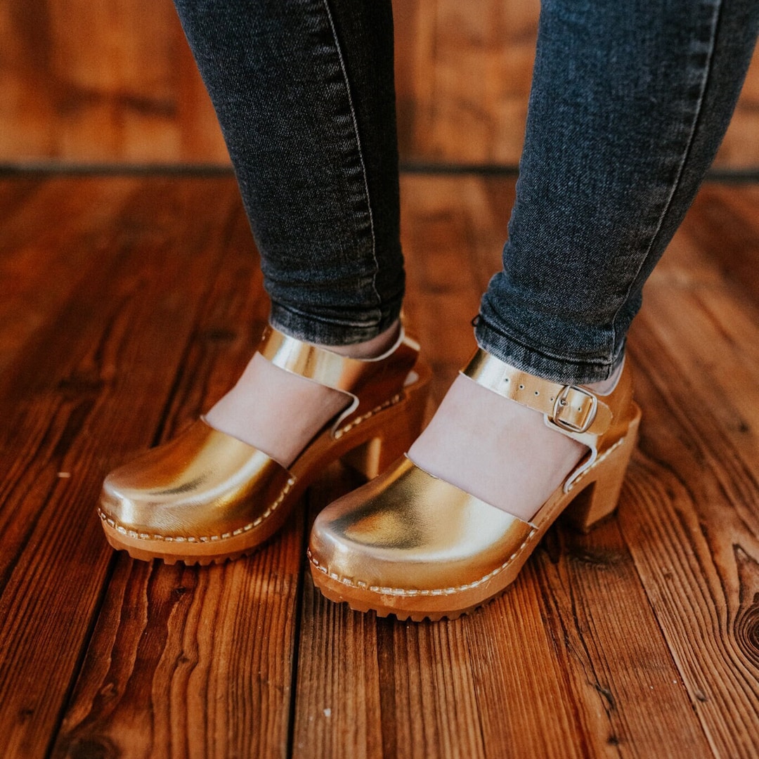 Heeled Leather Clogs: Gold or Pink, Alder Wood Sole - Etsy