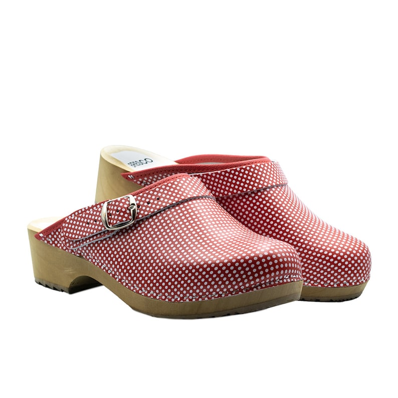 Swedish Wooden Clogs With Buckle From White Dots and Red Real - Etsy