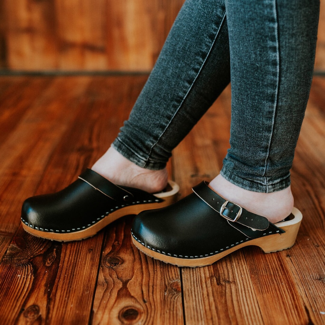 Black Swedish Wooden Clogs Low Heel With Closed Toe With Buckle From ...