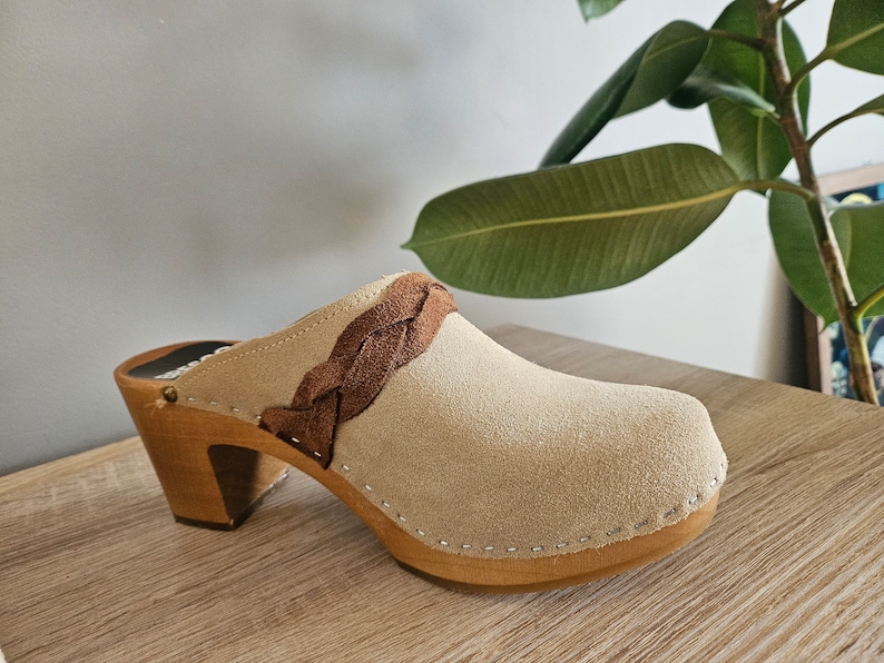 Heeled Swedish Wooden Clogs on High Heel in Beige Suede Leather and ...