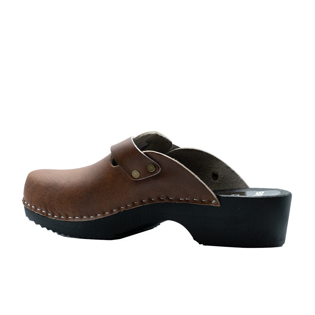 Swedish Brown Wooden Clogs With Buckle From Brown Real Leather and ...