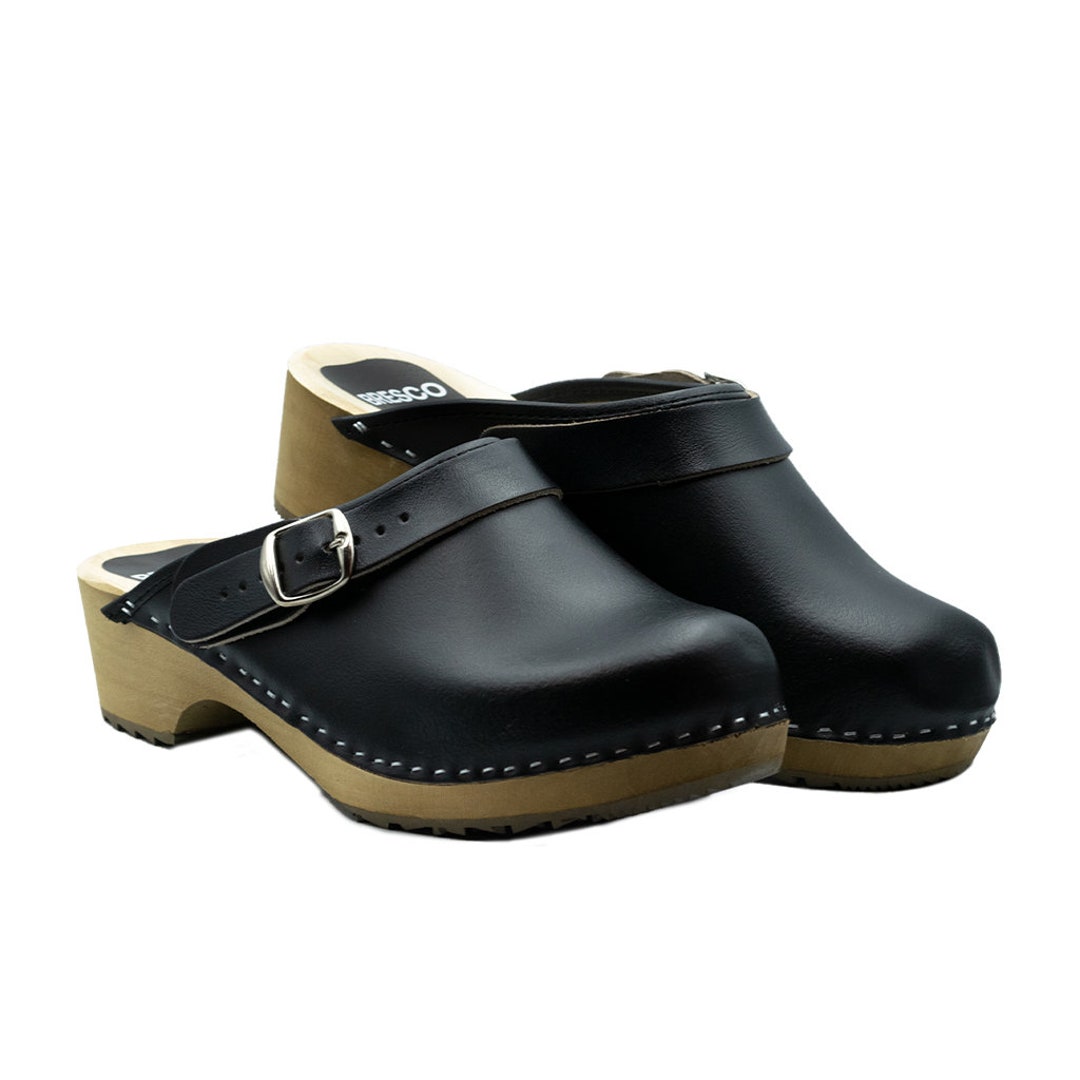 Black Swedish Wooden Clogs Low Heel With Closed Toe With Buckle From ...