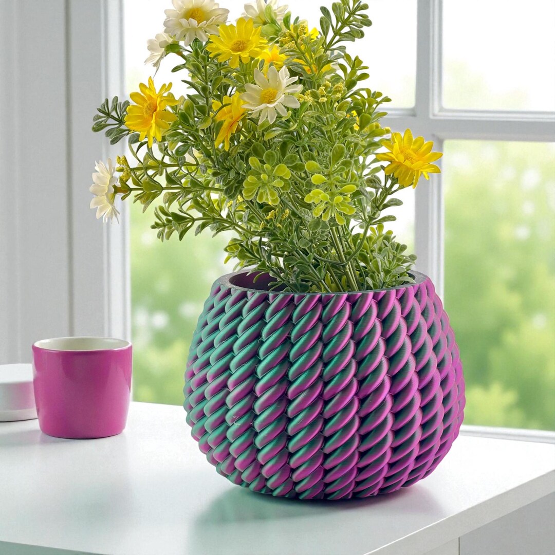 Twisted Rope Texture Planter – 3D Printed Round Plant Pot With Drainage ...
