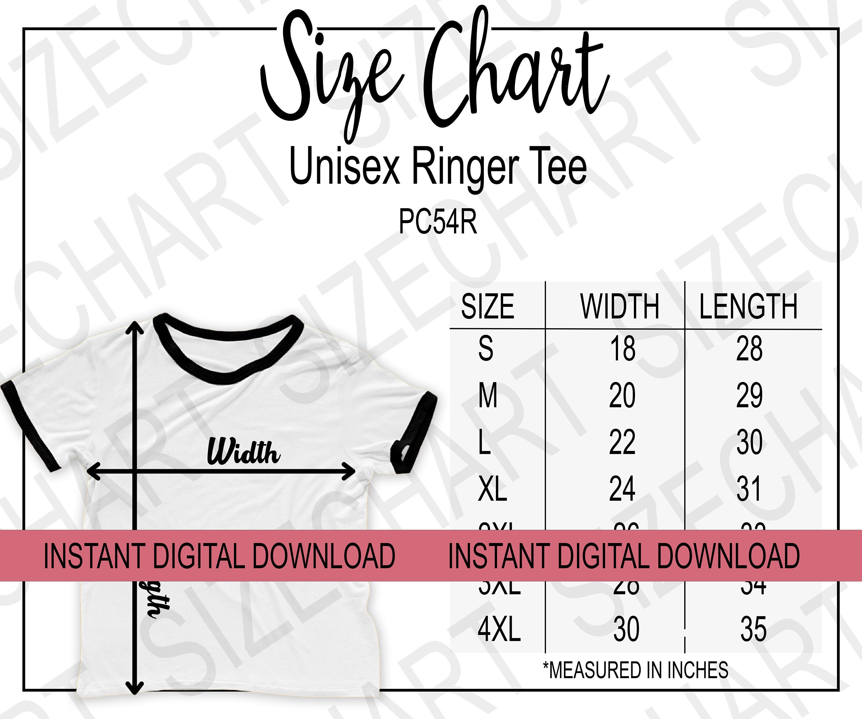 Ringer Tee Size Chart, Size Guide, Generic Brand PC54R Size Chart, Size ...
