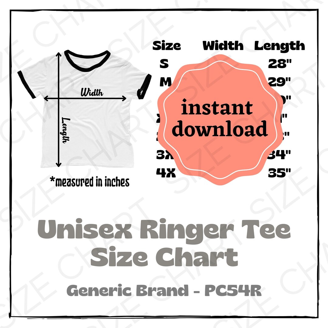 Generic Brand PC54R Size Chart, Ringer Tee Size Chart, Size Guide, Size ...