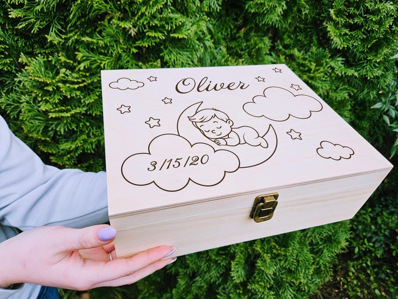 Personalized Baby Boy Keepsake Box: Engraved Moon & Stars Pine Wood ...