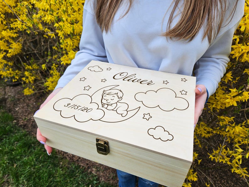 Personalized Baby Boy Keepsake Box: Engraved Moon & Stars Pine Wood ...