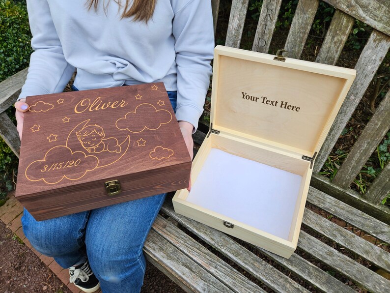 Personalized Baby Boy Keepsake Box: Engraved Moon & Stars Pine Wood ...