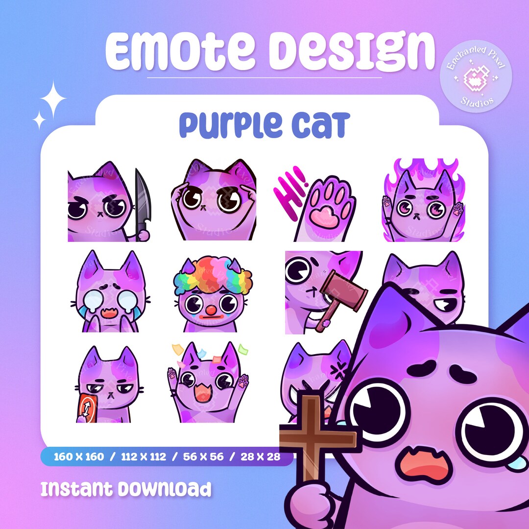 Cute Kawaii Cat Emote Pack (13) | Twitch Pastel Purple Cat Emoji ...
