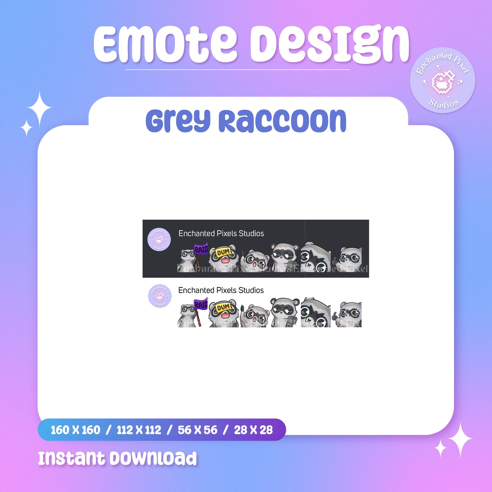 Cute Chibi Grey Raccoon Emote Pack (6) | Kawaii Trash Panda Twitch ...