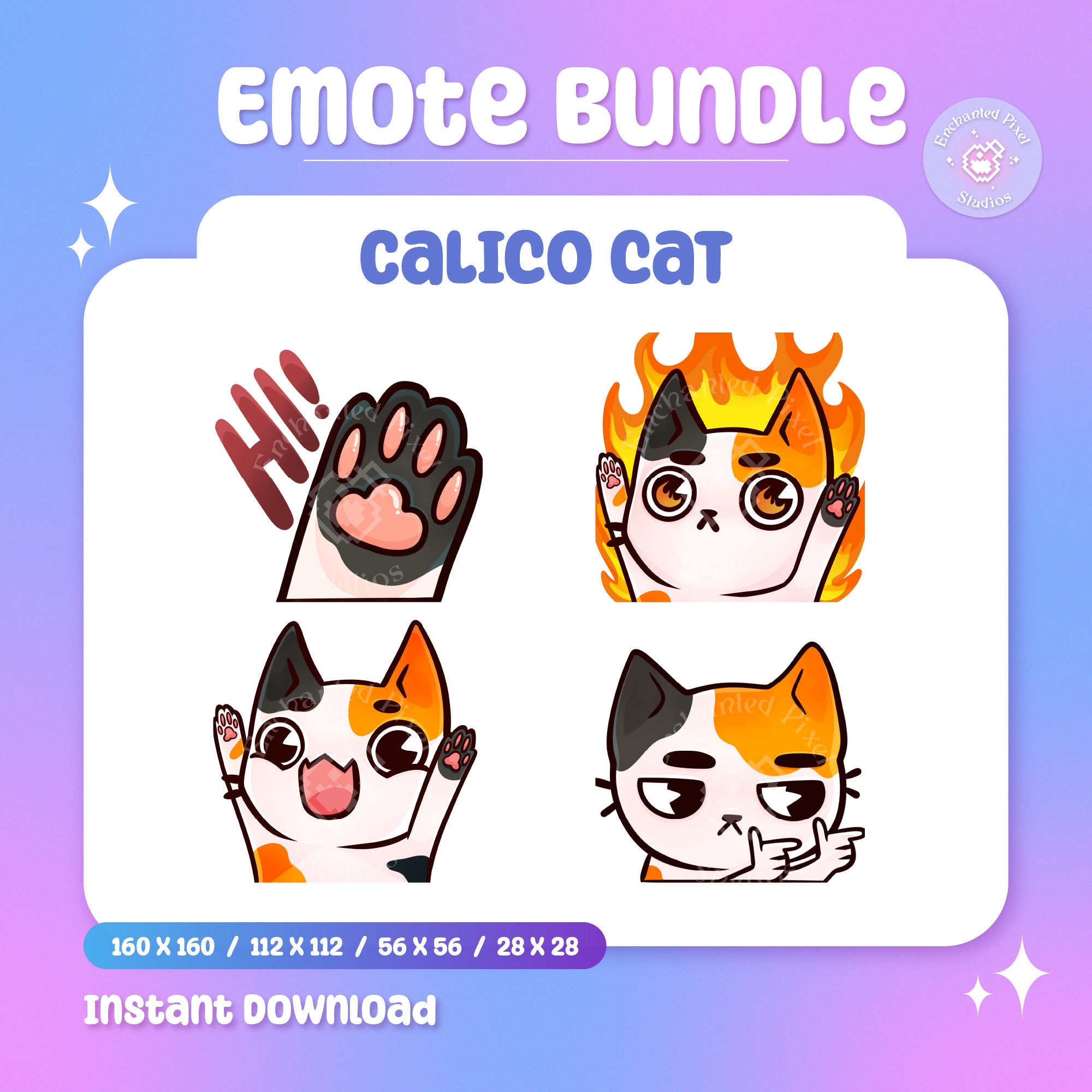 Kawaii Chibi Calico Cat Twitch Sub Emote Pack 4 Hi Emote, Hype Emote ...