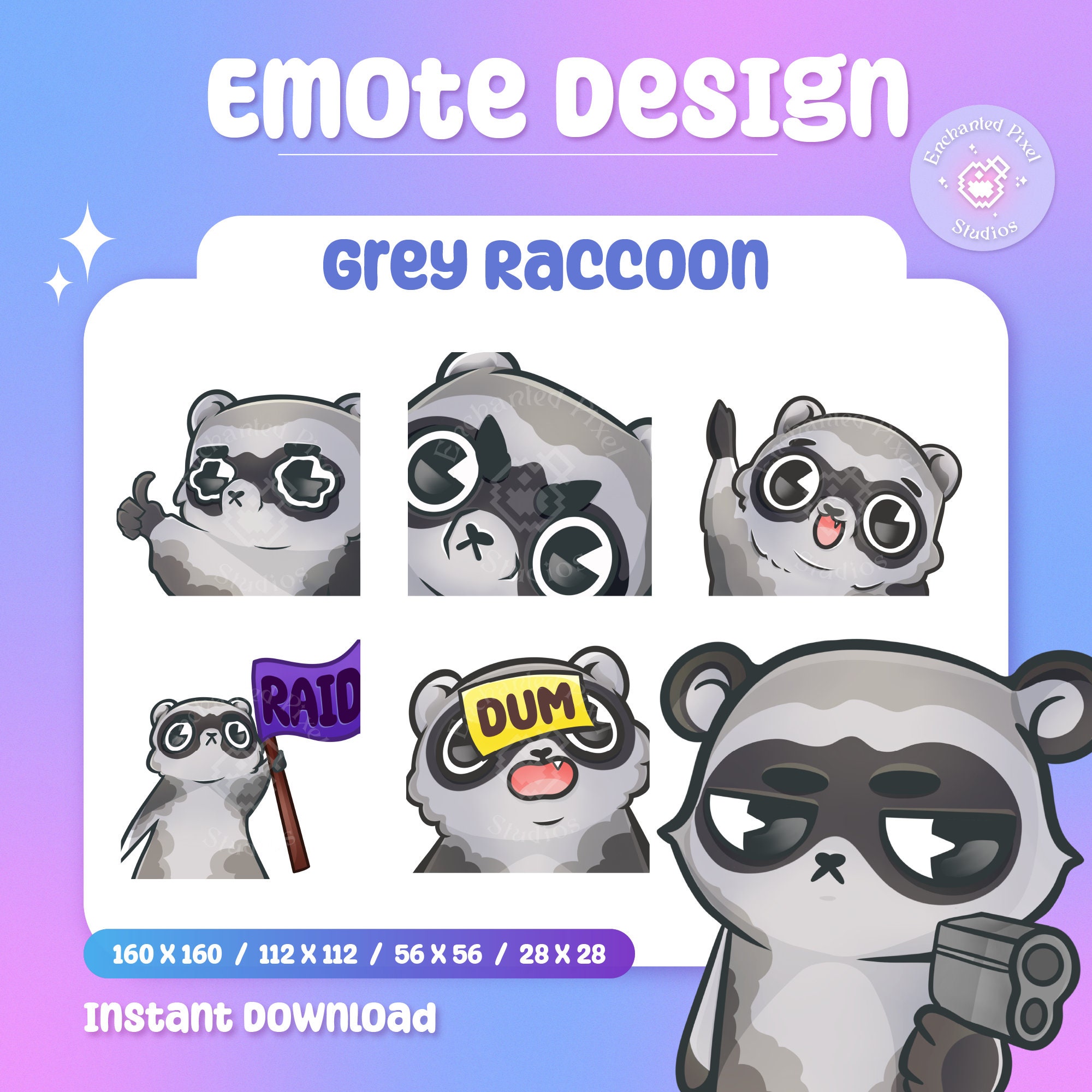 Cute Chibi Grey Raccoon Emote Pack 6 Kawaii Trash Panda Twitch Emote ...