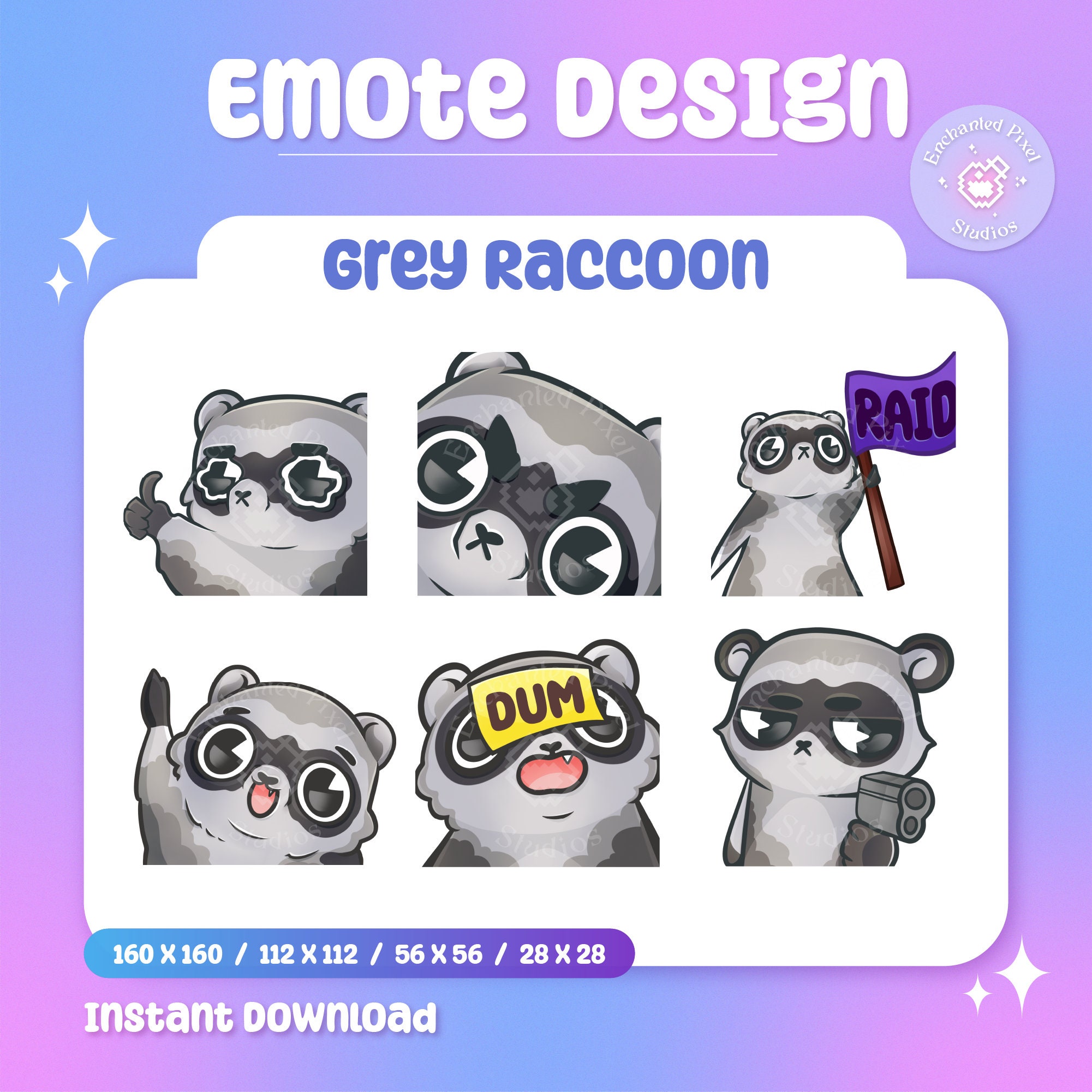 Cute Chibi Grey Raccoon Emote Pack (6) | Kawaii Trash Panda Twitch ...