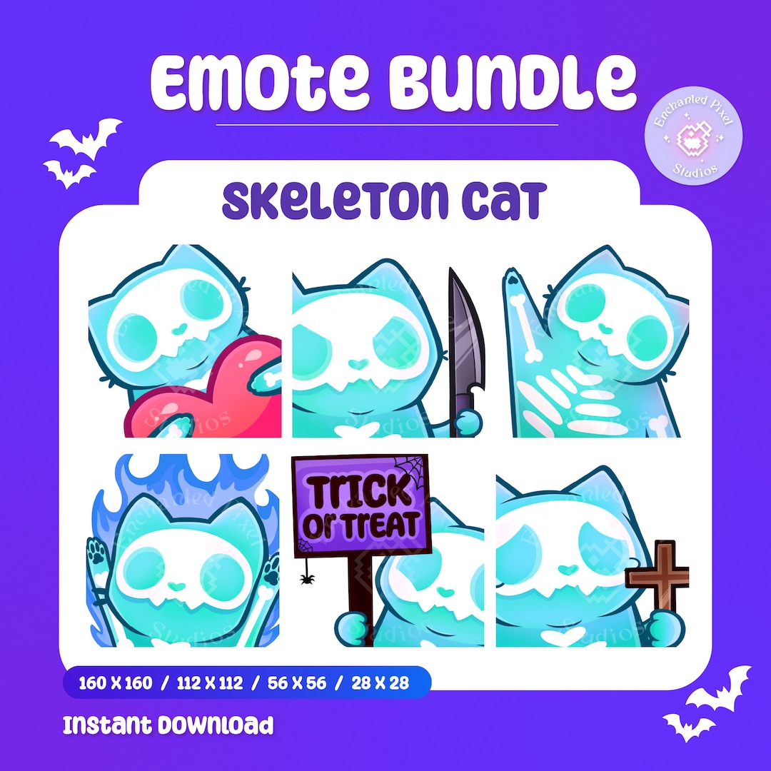 Halloween Cat Emote Pack (6) | Skeleton Cat Emoji for Twitch Kick ...