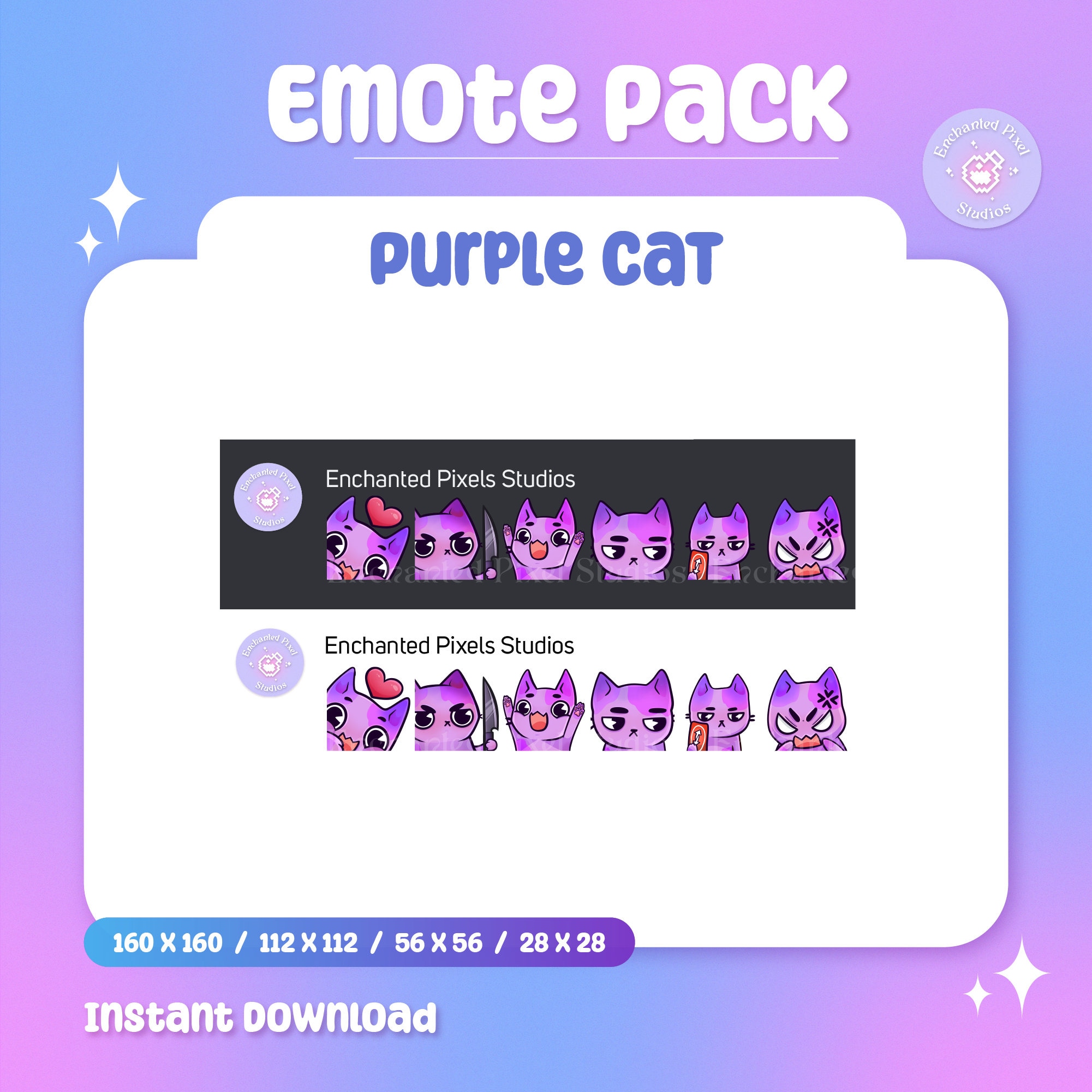 Cute Kawaii Chibi Anime Cat Emote Pack 6 Silly Purple Streamer Emotes ...