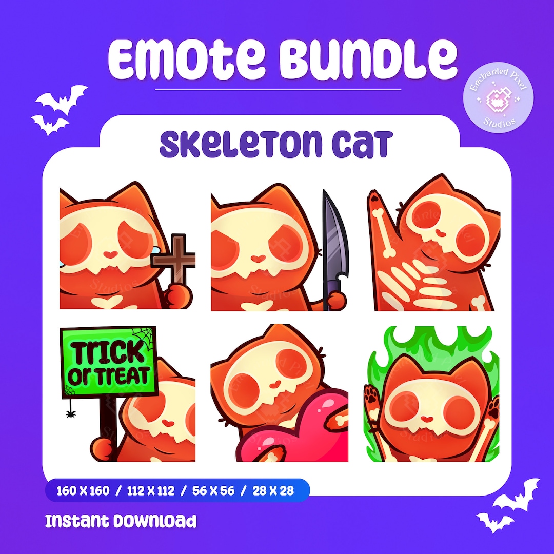 Twitch Halloween Cat Emote Pack (6) | Cute Chibi Skeleton Kitty Emotes ...