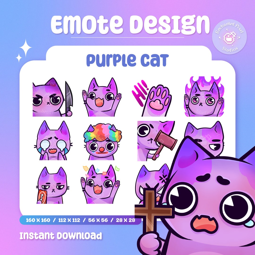 Cute Chibi Purple Tabby Cat Twitch Emote Pack (12 + 1 Free) Kawaii ...