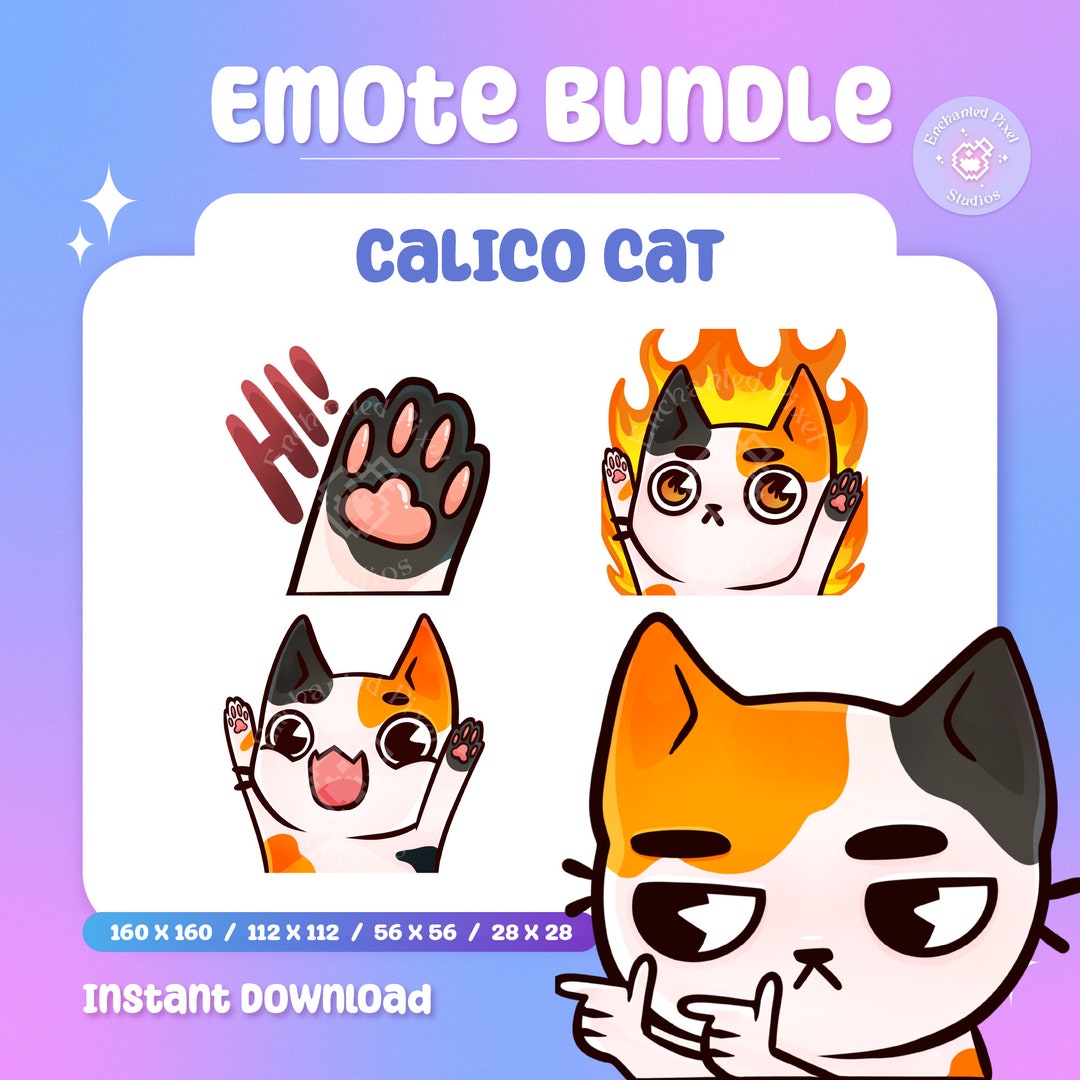 Kawaii Chibi Calico Cat Twitch Sub Emote Pack (4) | Hi Emote, Hype ...