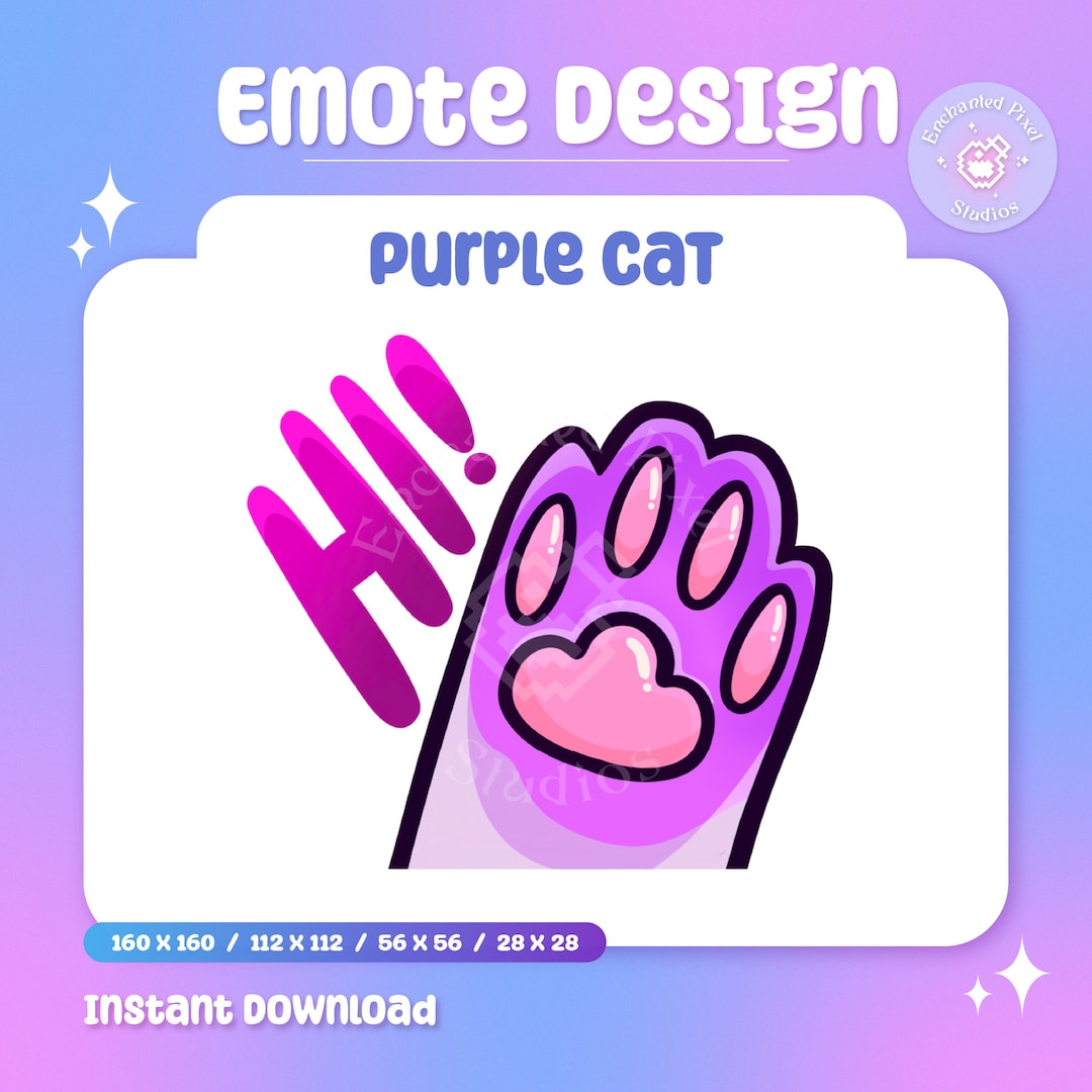 Hi Hello Paw Emote | Twitch Cute Chibi Cat Paw Emote | Purple Tabby Cat ...