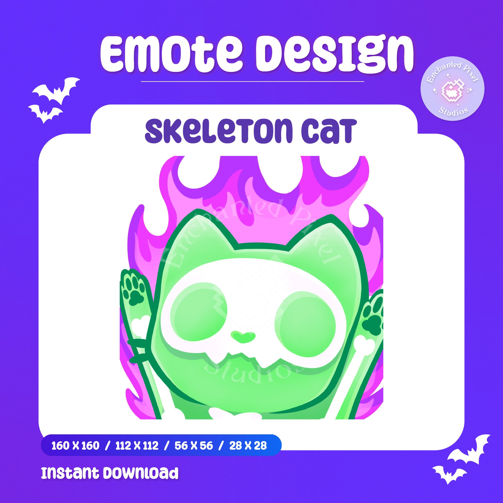 Cute Skeleton Kitty Twitch Emoji Fire Chaos Meme Emote Pastel Green ...