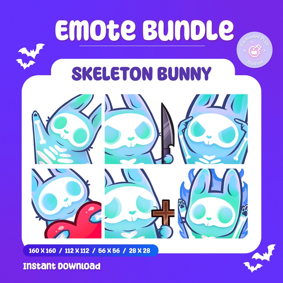 6 Cute Animal Emotes | Pastel Blue Skeleton Bunny Streamer Emote Set ...