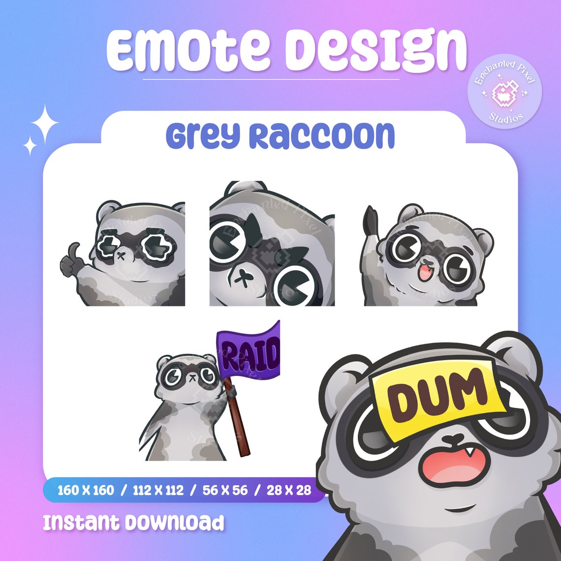 Raccoon Twitch Emote Pack 5 Cute Chibi Trash Panda Emoji - Etsy