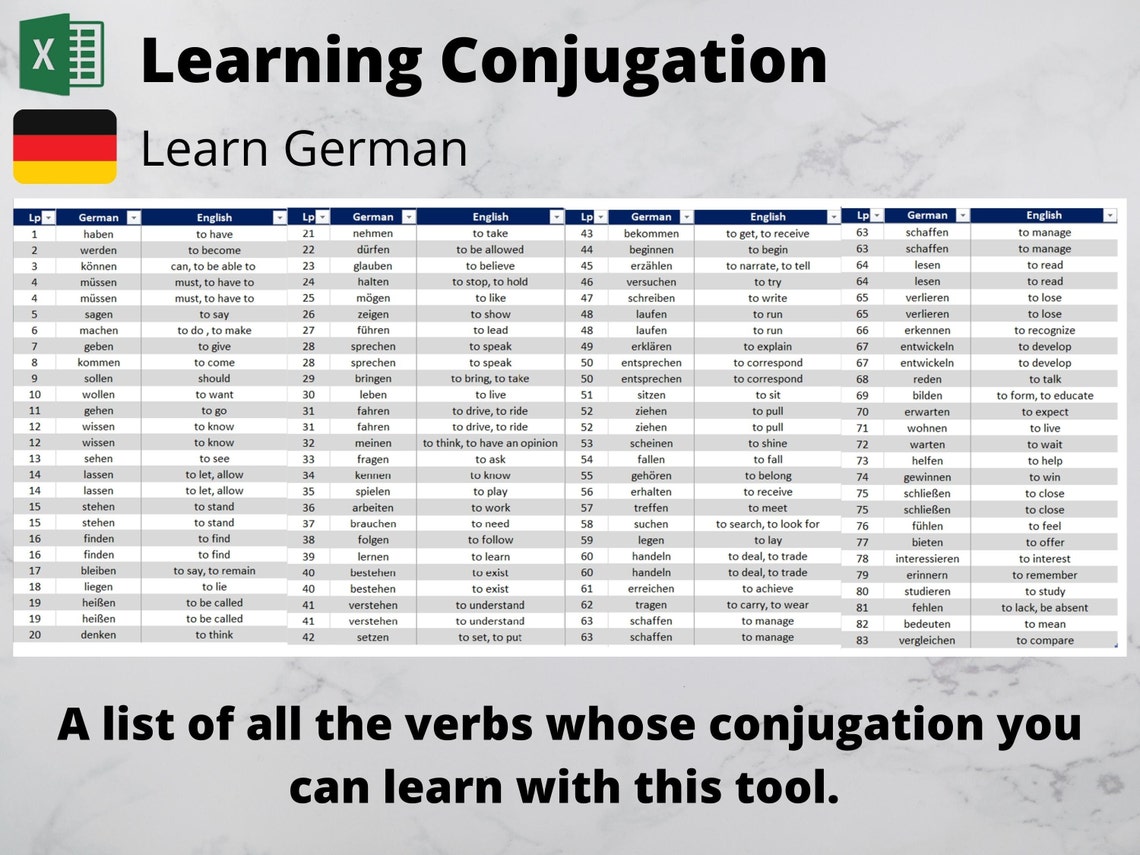 Learning German Conjugation, Learn Languages, Digital, Excel ...