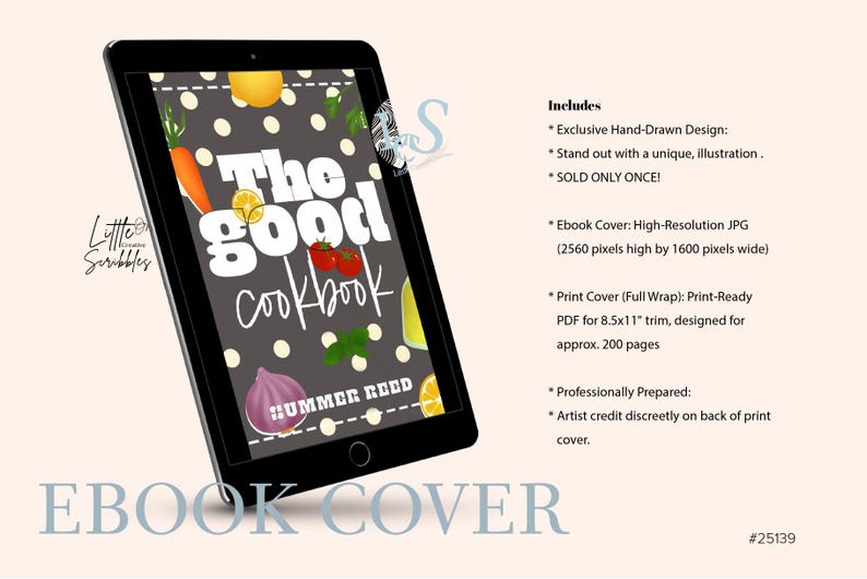 Premade Book Cover , Hand-drawn Illustrated Cookbook Cover Design ...