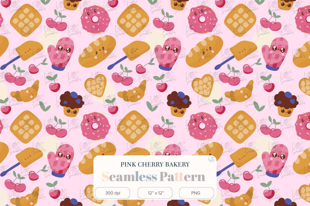 Sweet Bakery Kawaii Digital Paper: Cherry Heart Pattern, Pink Hand ...