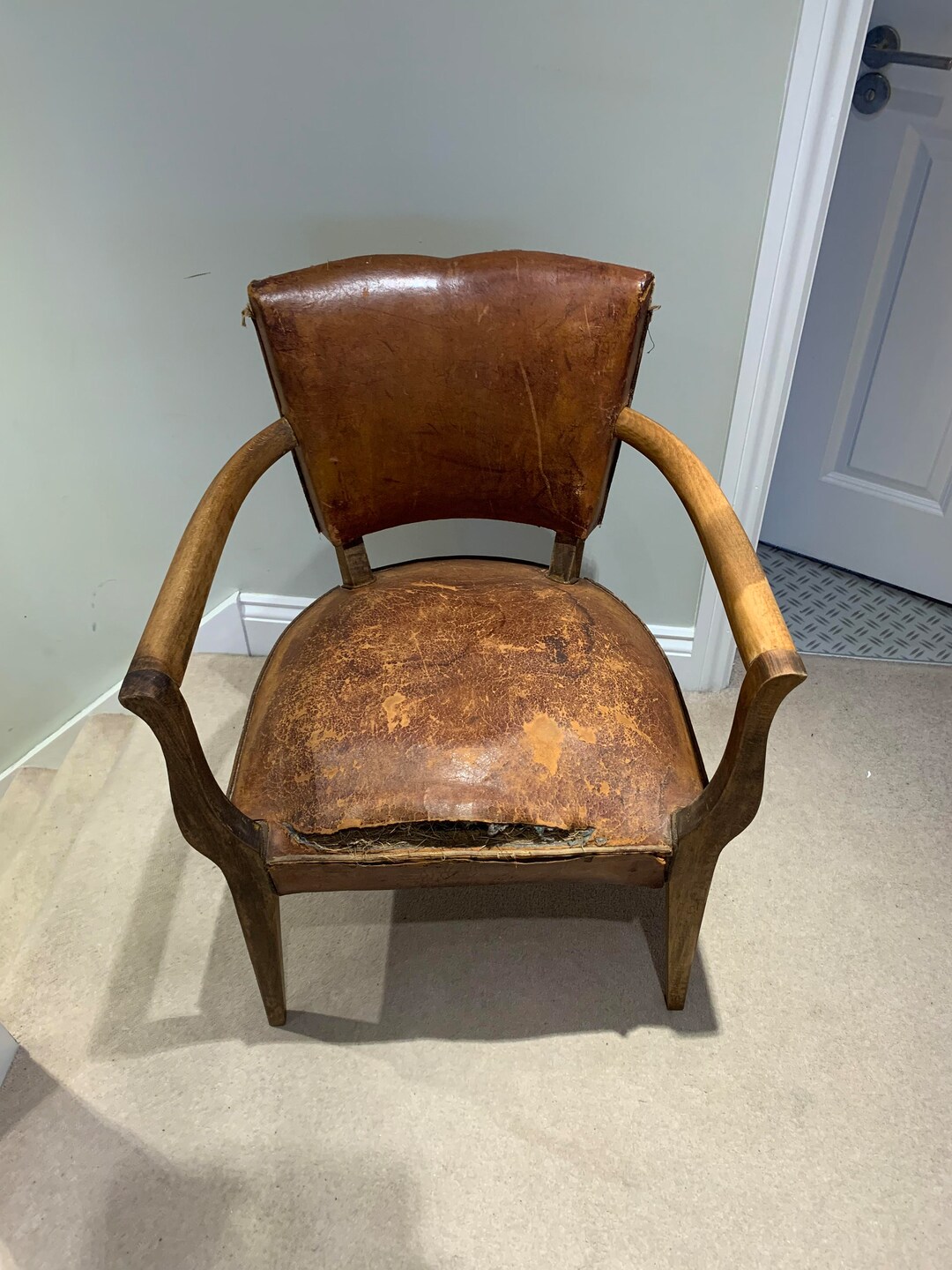 French Art Deco Tan Leather Bridge Chair Moustache Armchair 1920's ...