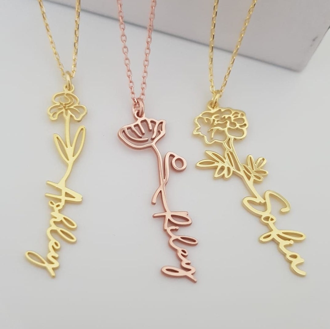 Birth Flower Name Necklace, Dainty Necklace With Birth Flower, Custom ...