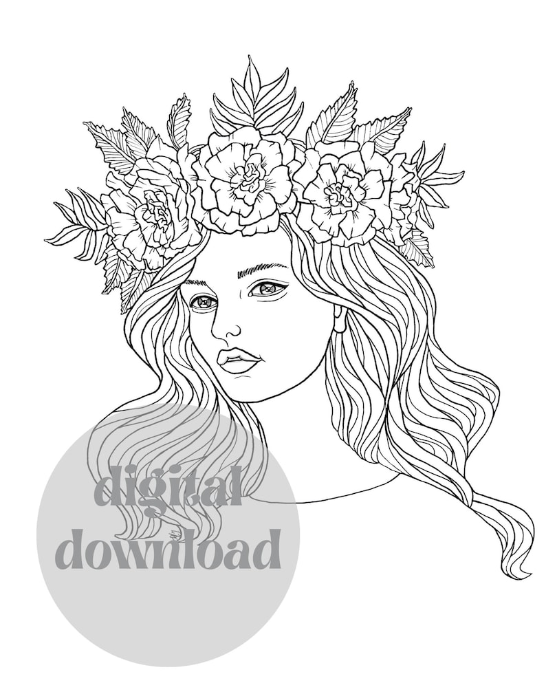 4 Digital Coloring Pages Stunning Women With Floral Hairstyles - Etsy