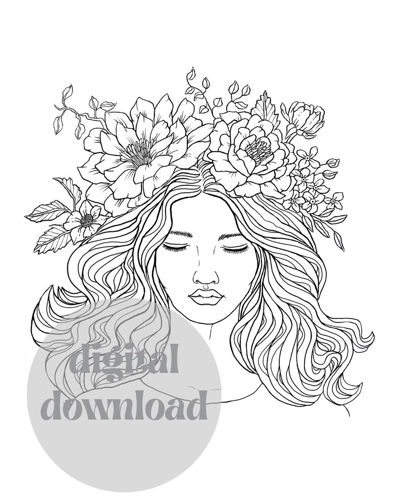 4 Digital Coloring Pages Stunning Women With Floral Hairstyles - Etsy