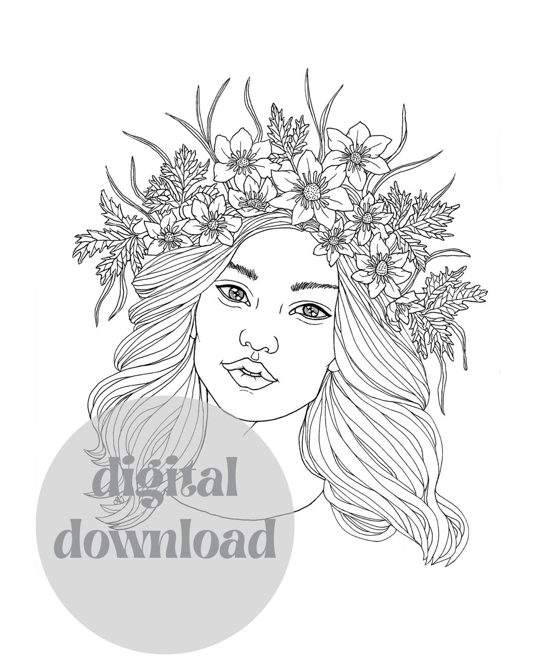 4 Digital Coloring Pages Beautiful Women Portraits With Flowery ...