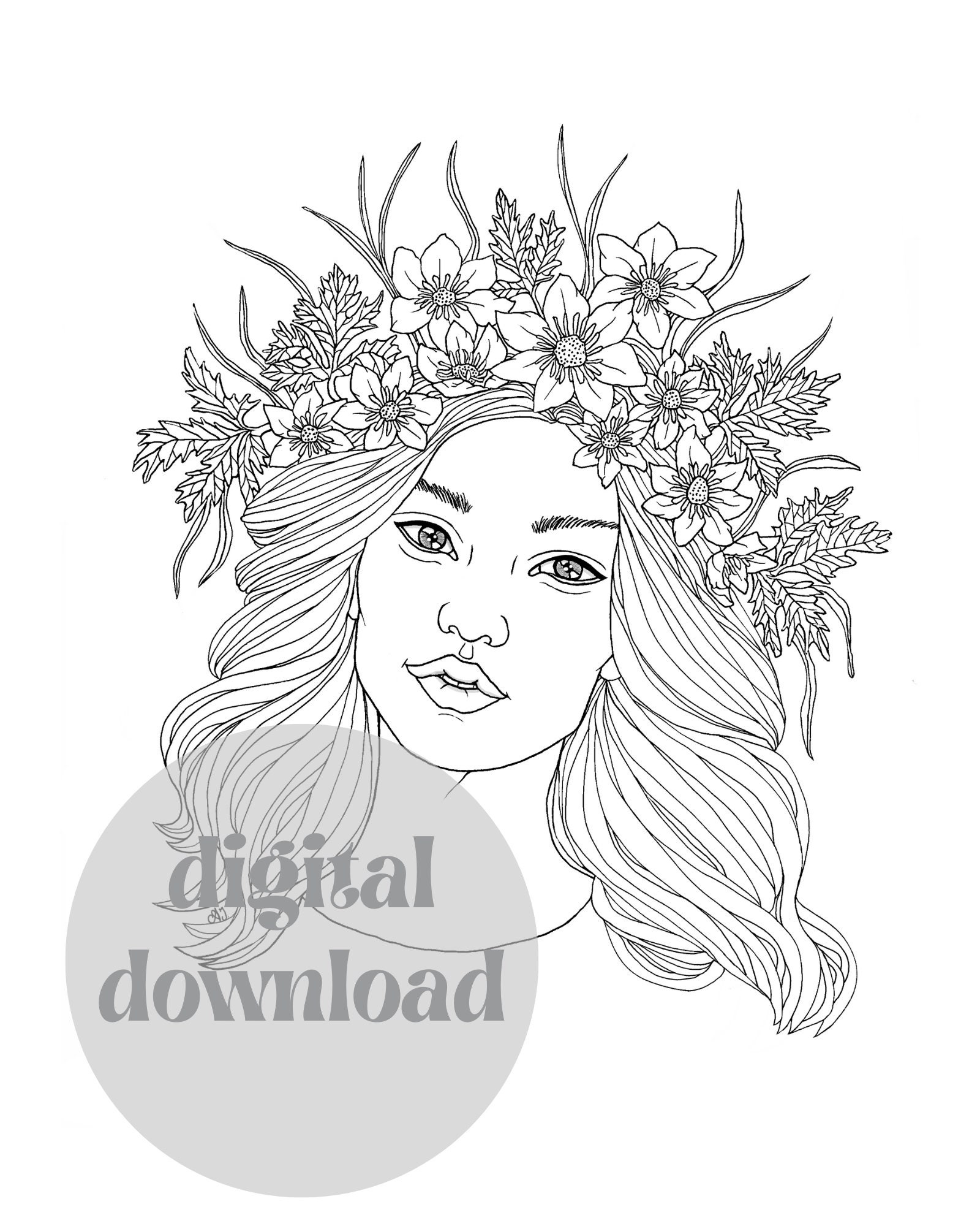 4 Digital Coloring Pages Beautiful Women Portraits With Flowery ...