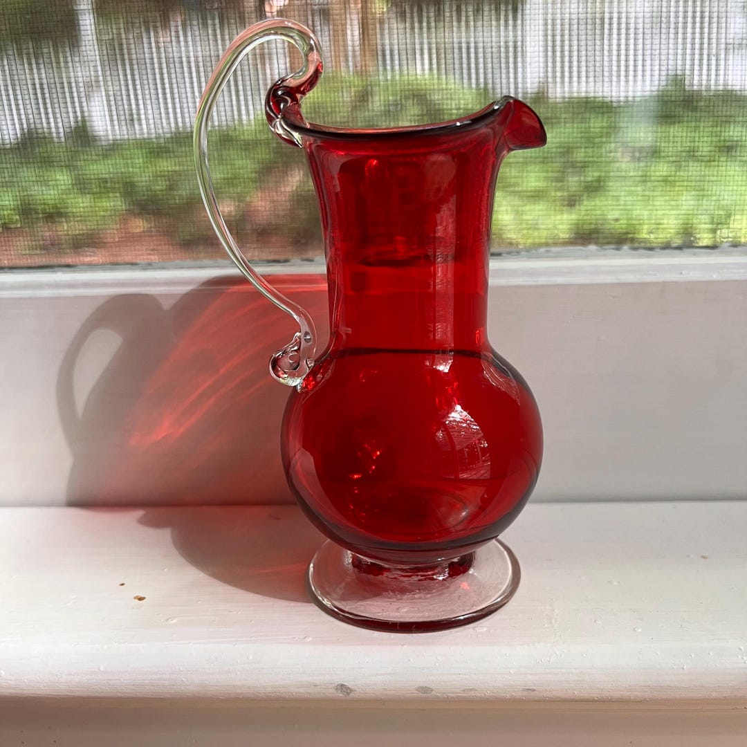 Midcentury 4" Tall Hand-blown Red Art Glass Mini-pitcher With Clear ...