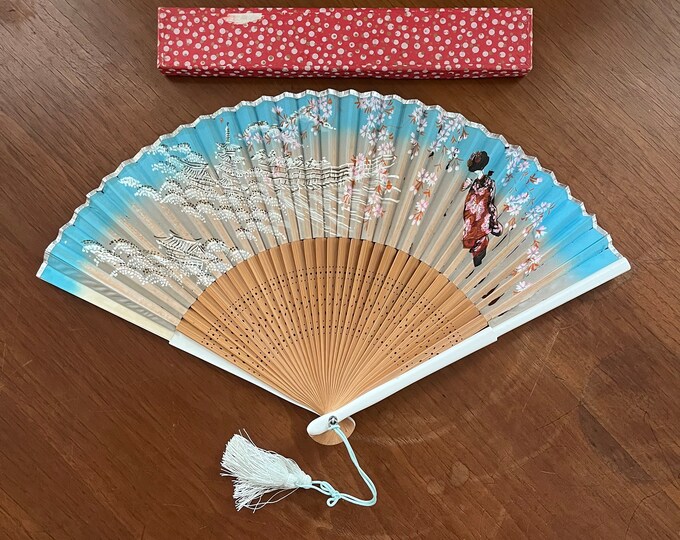 Vintage Japanese Bamboo Fan of Girl With Cherry Blossoms in Original ...